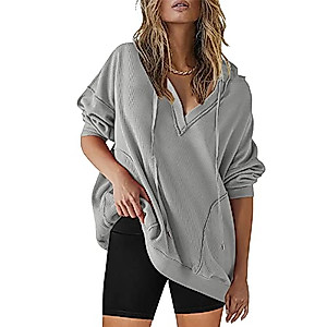 SENSERISE Womens Oversized HoodiesLong Sleeve V Neck Drawstring Hooded Sweatshirts Waffle Knit Tops with Pockets(Light Grey,L)