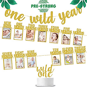 Wild One Birthday Decorations - Gold Glitter One Wild Year Banner + Baby 1st Birthday Photo Banner From Newborn to 12 Month - Safari, Jungle & Wild One Birthday Decorations