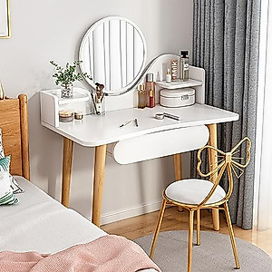 Gdrasuya10 32inch(L) Vanity Desk with Dimming Mirror, White Vanity Table with Drawer Simple Makeup Dressing Table Desk Dresser Desk Table for Girls Women Bedroom
