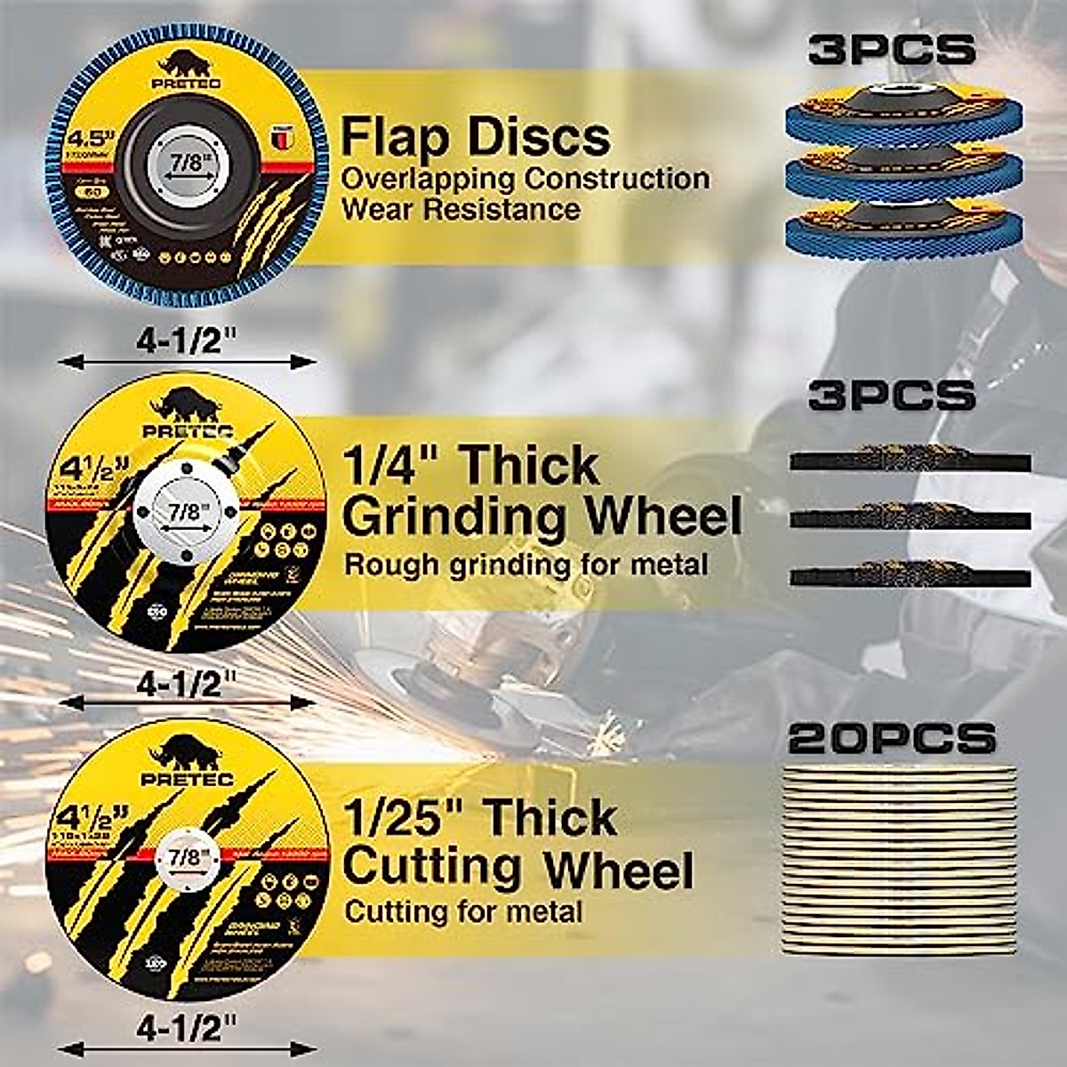 PRETEC 26 Packs Angle Grinder Cutting Flap Grinding Disc Wheel 4 1/2in Inches - 20 Packs 4.5"x1/4"x7/8" Cut Off Wheels,3 Packs 4.5"x7/8" 60 Grit Flap Discs, 3 Packs 4.5"x1/25"x7/8" Grinding Wheels