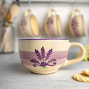 City to Cottage Handmade Ceramic Designer Lavender Floral Purple and Cream Cup, Unique Extra Large 17.5oz/500ml Pottery Cappuccino, Coffee, Tea, Soup Mug | Housewarming Gift for Tea Lovers
