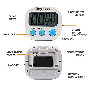 Ruyixws 6 Pack Digital Timer with Large LCD Display, Loud Alarm, Magnetic Back , Timer for Teachers Students Kids Cooking , On/Off Switch, Battery Included (6 Colors)