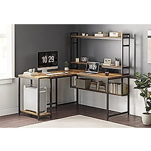 CubiCubi L Shaped Desk with Hutch and Storage Shelves, 59.1 Inch Corner Desk with Bookshelf, Computer Office Workstation for Home Office, Rustic Brown