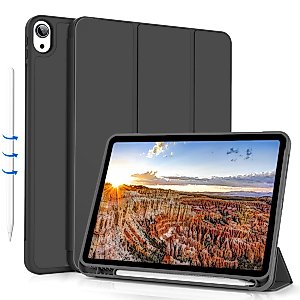 KenKe Case for iPad Air 11 Inch M2, for iPad Air 7th/6th/5th/4th Generation 2025/2024/2022/2020 10.9 Inch with Pencil Holder, Duable Cover with Soft TPU Back, Auto Wake/Sleep & Trifold Stand, Black