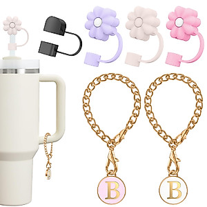 ANGSTUEM 4PCS Straw Cover for Stanley Cup 30& 40 Oz Tumblers,9-10mm Soft Silicone Straw Toppers for Stanley Cup Accessories, 2PCS Initial Letter Stanley Charms for Handle,Dust-proof Straw Covers