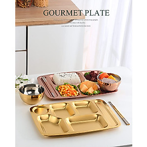 QOBIMOON 18/8 Stainless Steel Divided Plate, Food Trays 4 Section Dinner Plate with Bowl, Chosticks and Spoon, Camping Dishes, Adult Lunch and Dinner-Rainbow Color