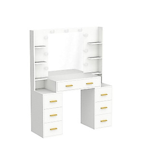 PAKASEPT Vanity Set with Lighted Mirror, 43'' Makeup Vanity with Charging Station, Vanity Desk with 9PCS LED Bulb, Storage Shelves, 7 Drawers for Bedroom(No Stool)