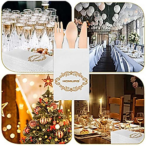 HOMURG Luxury Folded Paper Napkins with Wooden Silverware Bulk for 100 Guests, White Pocket Napkin Serviette and Wood Cutlery, Wedding Birthday Christmas Party Guest Towels & Flatware Set 300 Utensils