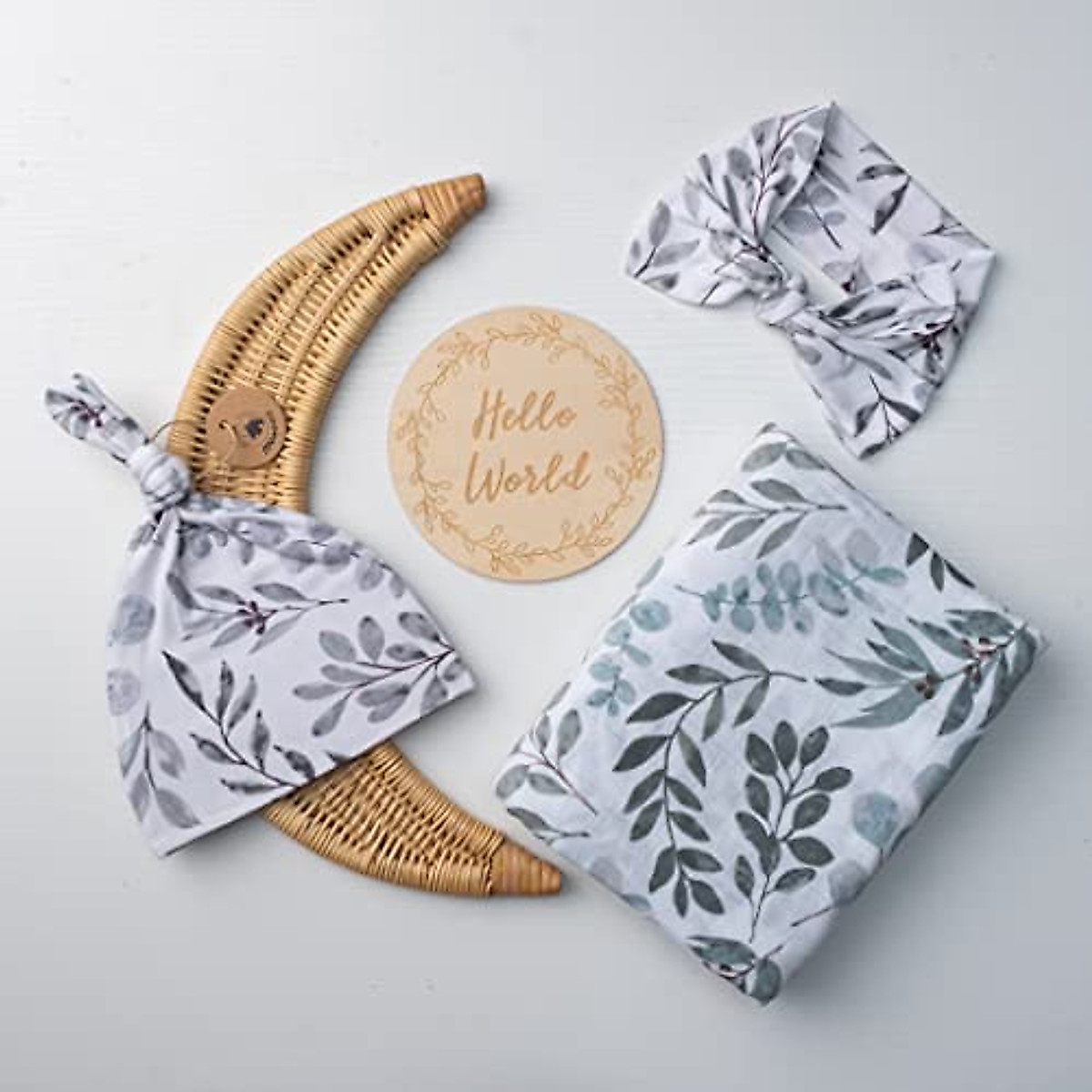 Miaoberry 100% Organic Eucalyptus Muslin Swaddle Set with Hat and Bow