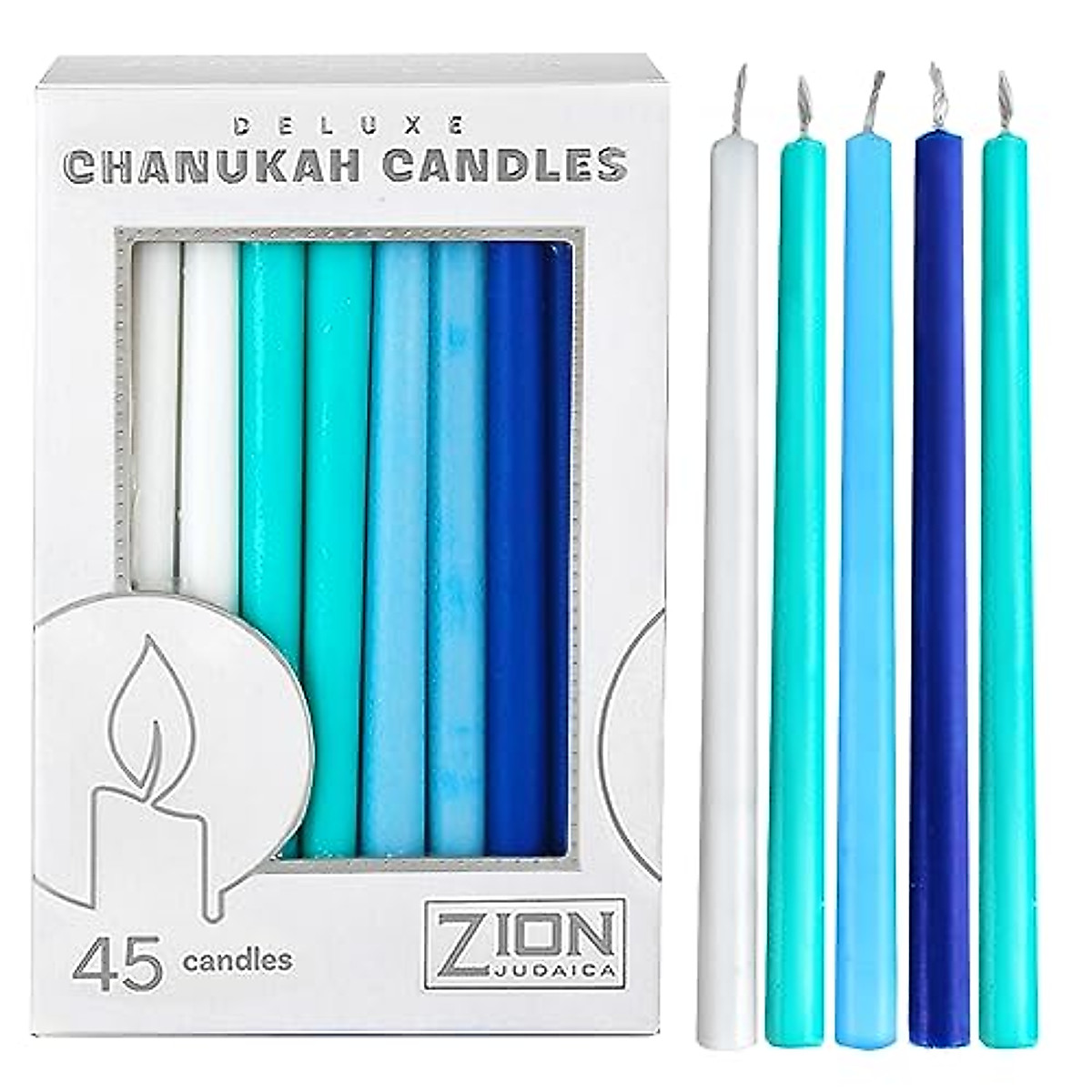 Festive Hanukkah Candles Box of 45 Multi-Blue Candles Thin Chanukah Menorah Candles with Prayer Card & DIY Dreidel Fits Standard Menorahs for All 8 Nights of Hanukah by Zion Judaica
