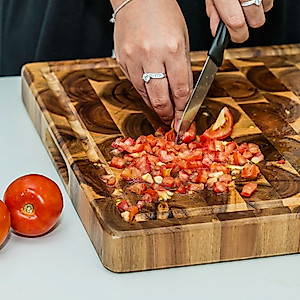Cutting Board (17x13x1,5in) End Grain Cutting Board, Acacia Wooden Cutting Board, Butcher Block, Chopping Board - Reversible Multipurpose For Kitchen with Juice Groove, Cracker Holder & Inner Handles.