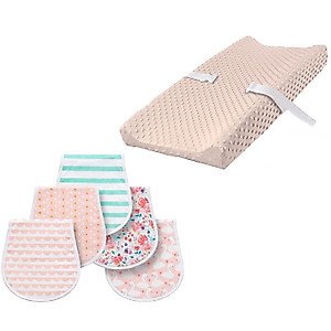 5 Pack Burp Cloths + Minky Changing Pad Cover for Baby Girl Boy, Plush Changing Table Covers Breathable Mink Changing Table Sheets Cover Wipeable