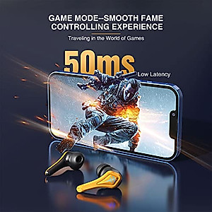 Gaming Wireless Earbuds, QTREE Bluetooth 5.2 in-Ear Game Earphones 50ms Low Latency IPX5 Noise Cancelling Mic, 36H Play time Headphones, Gaming/Deep Bass Music Mode for iPhone and Android(Yellow)