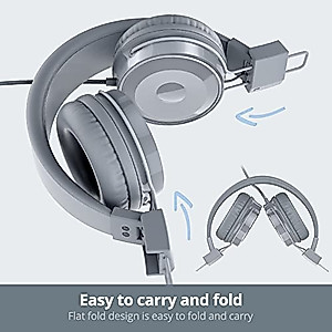 BASEMAN Wired Headphones with Microphone - Foldable Wired On-Ear Headphones for Laptops Computer Cellphone Tablet, Stereo Bass Headsets with 3.5mm Jack No-Tangle Cord for Boys Girls Women Men - Grey