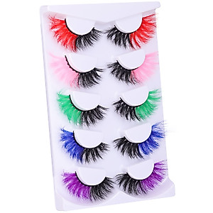 Colored Mink Lashes Fuffy 5 Colour Mixed Natueal Length Cat Eye Lashes with Half Color Dramatic Wispy Eyelashes Red Pink Green Blue Purple Soft Lashes Pack
