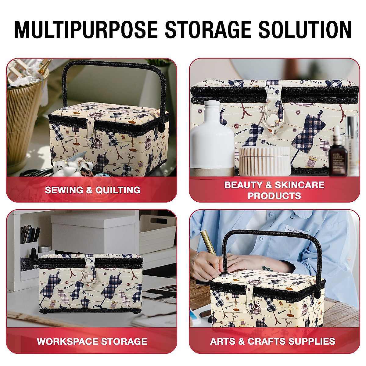 SINGER Sewing Basket with Sewing Kit, Needles, Thread, Scissors, and Notions (Plaid Forms Print)