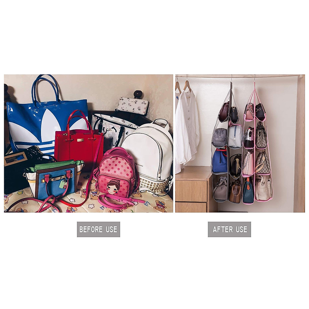 AARAINBOW 1 Pack Hanging Handbag Purse Organizer for Closet, Womens Purse Storage Organizers, Hand Bag Organizer Holder, Wardrobe Purse Organizer 8 Pockets Space Saving 41 L x 13.5W (B-Black)