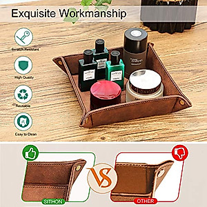 SITHON Valet Tray Desktop Storage Organizer – Premium PU Leather Catchall Tray Bedside Vanity Tray Nightstand Caddy Holder for Remote Controller, Keys, Phone, Wallet, Coin, Jewelry, Brown