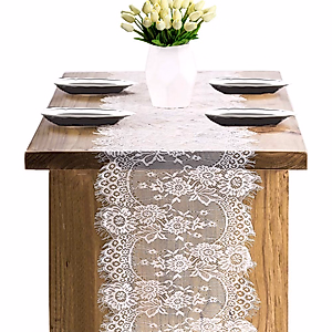 4 Pcs White Lace Table Runners 14 x 120 Inch for Wedding Bridal Shower Baby Shower Party Table Decoration, Rustic Rose Embroidered Boho Table Runner