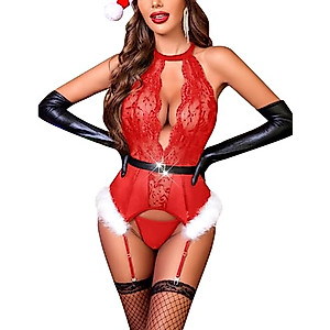 Avidlove Christmas Sexy Lingerie Set with Garter Belts Red Boudoir Outfits Lace Santa Nightwear