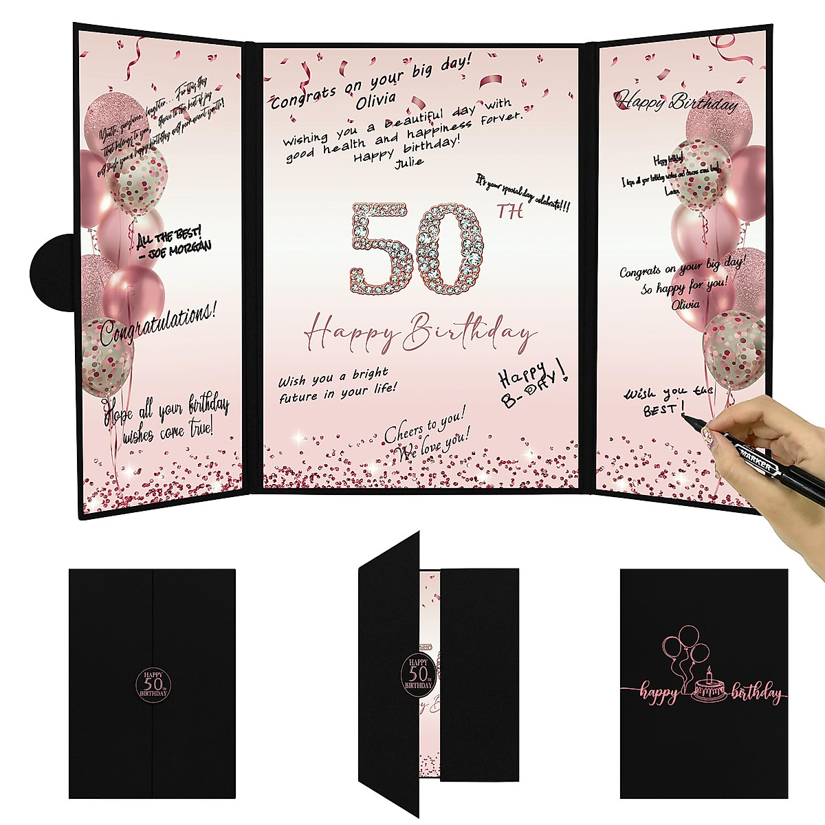 DARUNAXY Rose Gold 50th Birthday Party Decorations for Women, Happy 50th Birthday Alternative Signature Guest Book Black Pink 50 Birthday Signing Card Board Party Supplies Cheers to 50 Years Old Gift