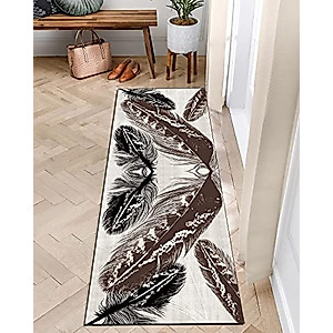 Runner Carpet for Hallway Non Slip 1'7"x8' Grey Brown Black Feather Pattern Washable Door Mat Home Decor Area Rug for Kitchen Bedroom Entryway Living Customizable, 1'3"-4' Width
