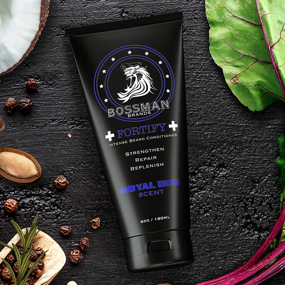 Bossman Fortify Intense Beard Conditioner - Shower Beard Wash - Beard Straightener for Men - Moisturizer and Beard Softener for Men - Beard Growth Products - Made in USA (Royal Oud Scent)