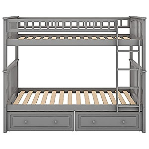 Harper & Bright Designs Bunk Beds Twin Over Twin with Storage, Twin Bunk Beds with 2 Drawers, Wooden Storage Bunk Bed with Safety Rail and Ladder,Can be Convertible to 2 Beds,Grey