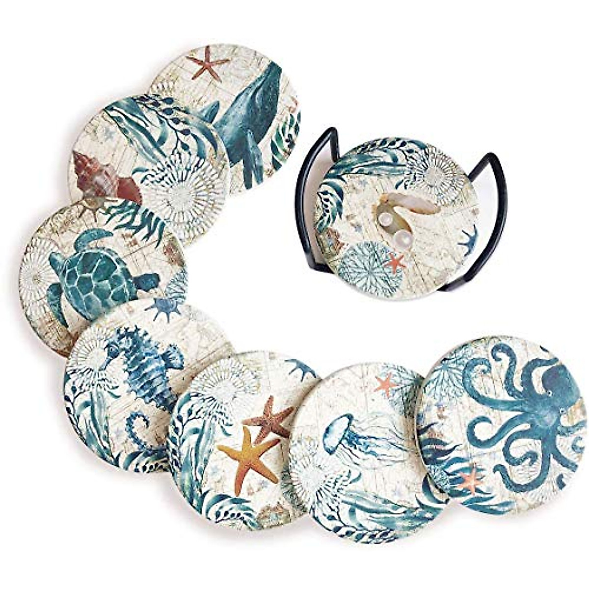 Lumuasky Set of 8 Absorbent Drink Coasters with Holder, Sea Ocean Life Coastal Beach Tropical Theme for Housewarming Apartment Kitchen Room Bar Decor, Cork Base