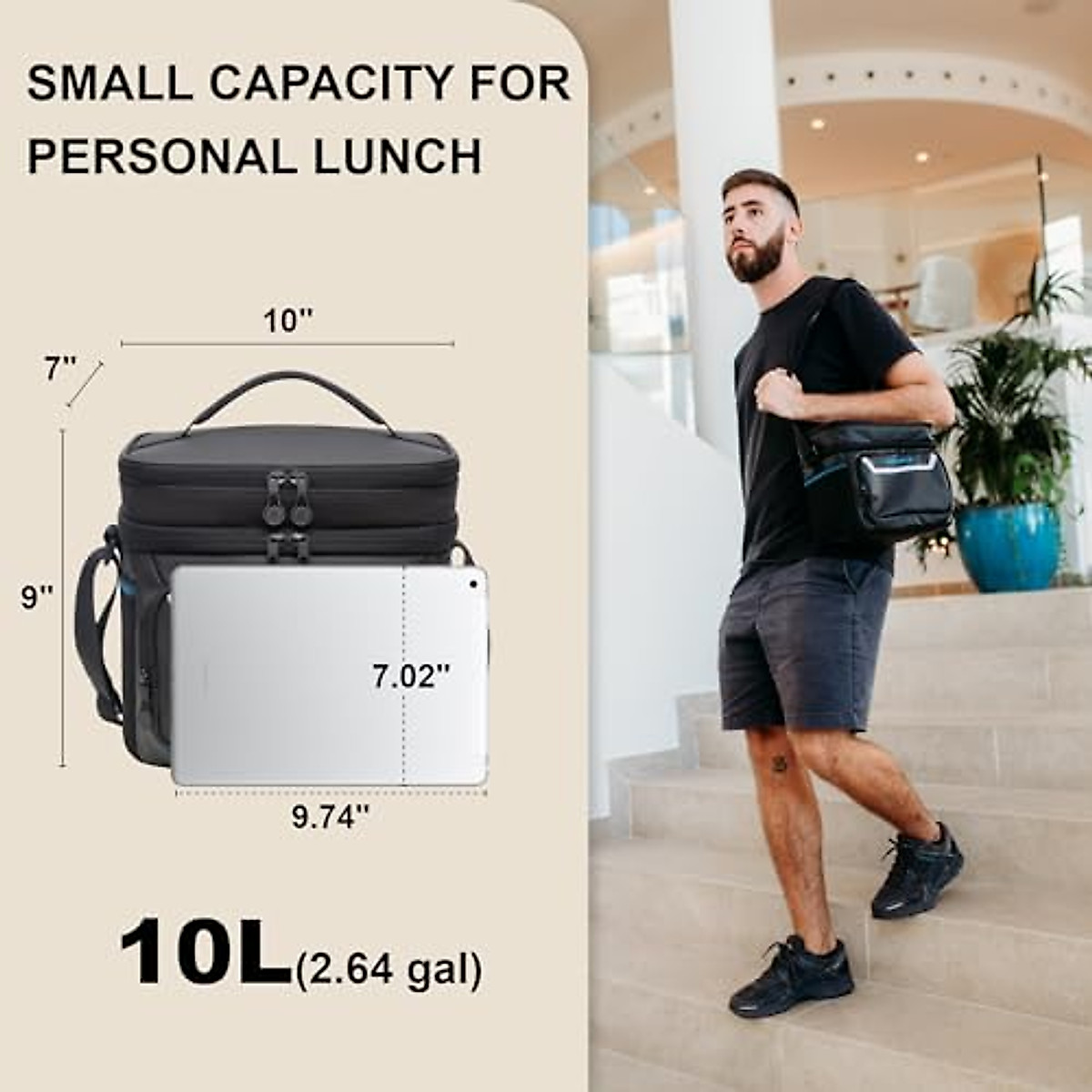 EVERFUN Insulated Lunch Bag Soft Lunch Box for Men Dual Compartments Small Lunch Box Collapsible Waterproof Leak-Proof for Work, Black