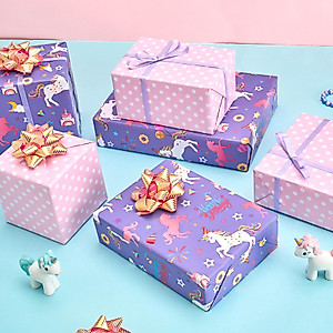 WERNNSAI Unicorn Reversible Wrapping Paper Roll - 1 Roll 17” x 33 ft Happy Birthday Wrapping Paper Roll Kids Unicorn Birthday Gift Wrap Roll Girls Wrapping Paper Polka Dot Design Unicorn Party Favor