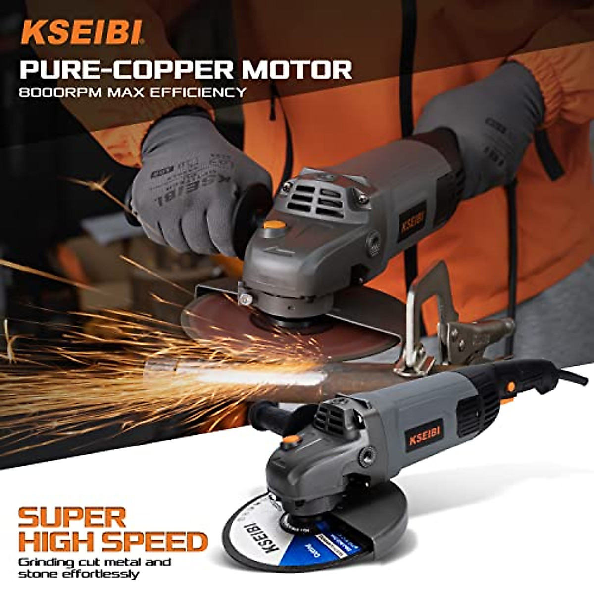 KSEIBI KWS 20-180 Angle Grinder Machine 7inch, Long Handle Grinding Tool, Powerfull 15 AMP Motor for Concrete Cutting, Grinding and Polishing