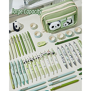 Ecqizer 10Pcs Cute Panda Pencil Case Large Capacity for Adults Aesthetic Pencil Case Kawaii Pencil Pouch Cute With Zipper Preppy Pen Bag With Gel Ink Pens, Clips, Stickers, Pin (Green)