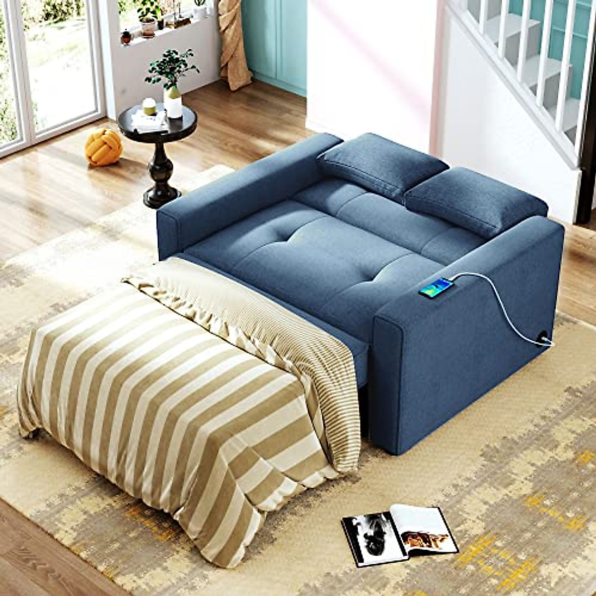 Tdewlye Versatile 48" Convertible Sleeper Sofa Bed with Adjustable Bed Chair,USB Charging Port and 2 Pillows,for Small Space Apartment Office Living Room (Blue#USB)