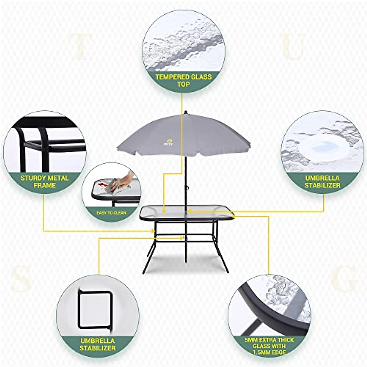 Nice C Outdoor Dining Sets, Patio Furniture Set, 8 Piece Patio Set with Umbrella, Garden Outdoor Furniture Table Set with Tilted Removable Umbrella, Glass Table, and 6 Folding Chairs