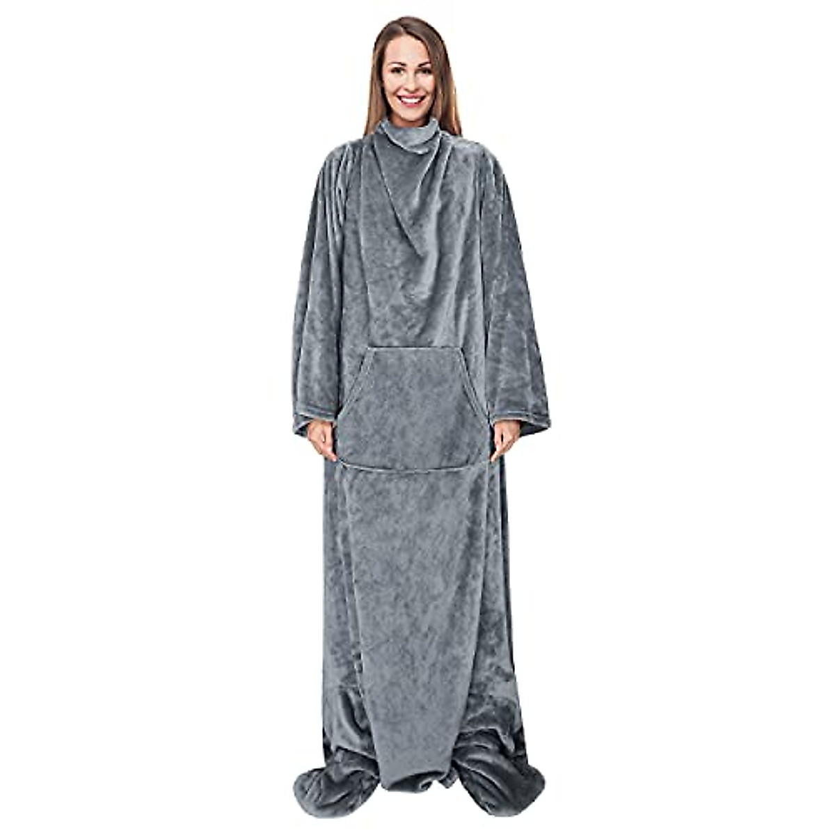 Wearable Fleece Blanket with Sleeves and Foot Pocket for Adult Women Men, Super Soft Cozy Microplush TV Blanket Throw Wrap Cover for Lounge Couch Reading Watching TV