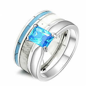 Kingsway Jewelry 2 pc Natural Deer Antler Ring with Turquoise Inlay Cubic Zirconia Engagement ring - Womens Wedding Ring Stainless Steel Sterling Silver Ring (9)