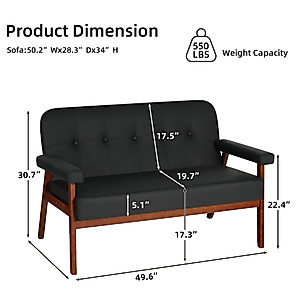 STHOUYN 50”W Black Faux Leather Small Office Couch Loveseat Sofa with Wood Arms, Mid Century Modern Love Seat Sofas Lounge Armchair Living Room Bedroom (Black (loveseat))
