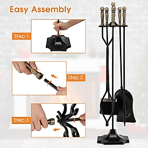 Tangkula 5 Pieces Fireplace Tools Wrought Iron Toolset 4 Tools & Decor Holder Indoor Outdoor Tong,Poker, Base, Shovel,Brush Fireplaces Hearth Accessories