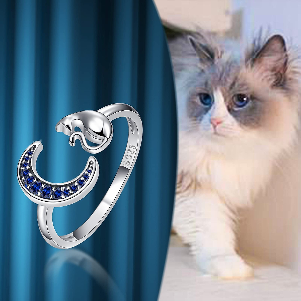 Adjustable Cat Moon Ring for Women: 925 Sterling Silver Cute Cats Rings Lovely Kitty Ring Blue Cubic Zirconia CZ Ring Finger Animal Open Bands Stackable Band Dainty Jewelry Birthday Gift for Teen Girl