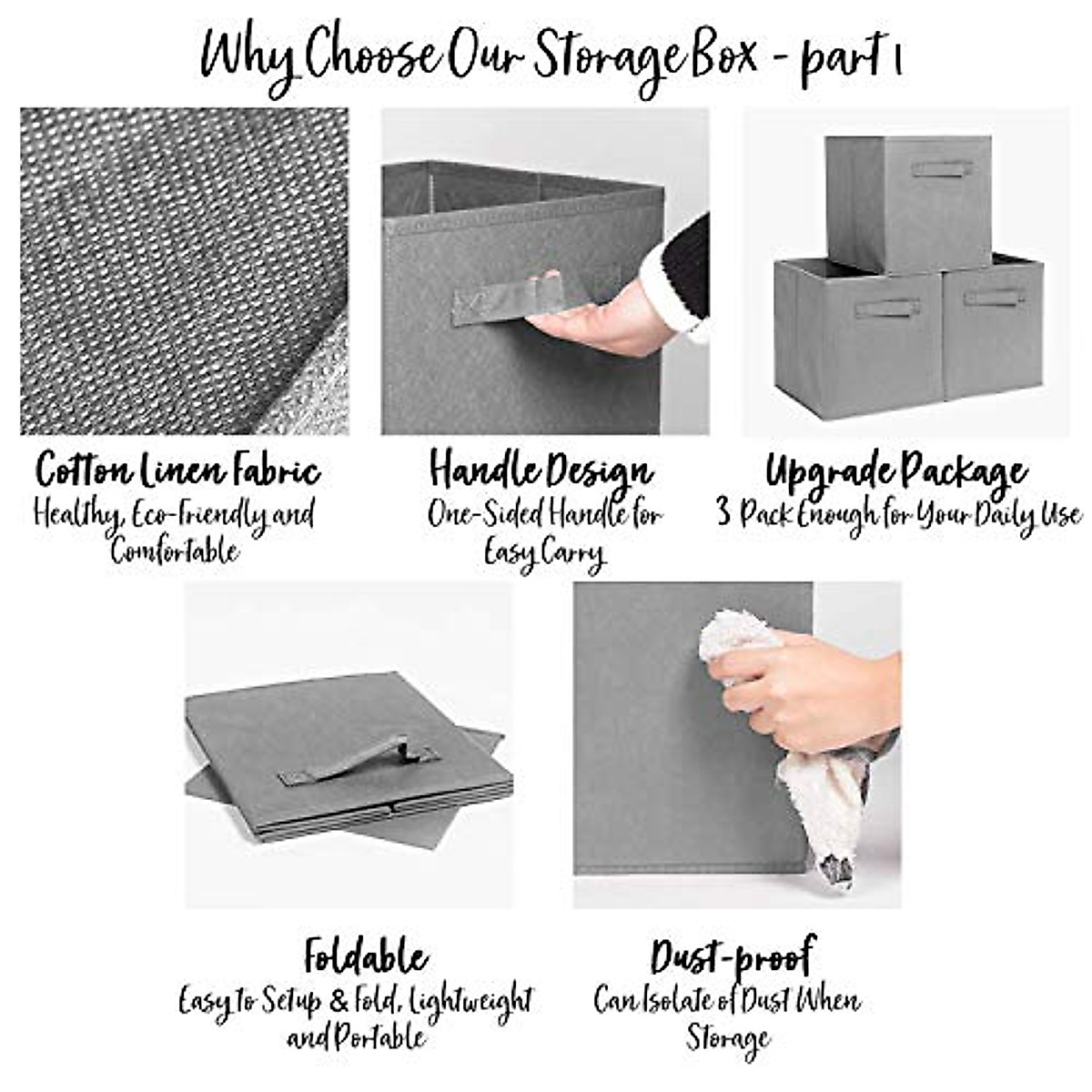 Storage Box Storage Bins 3 Pack Storage Cube Basket Bins Cloth Folding Box Closet Drawers Container Dresser Basket Organizer Shelf Collapsible for Underwear Sock Bra Tight Kids Toy (Gray)