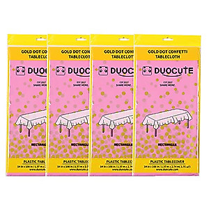 108"x54" 4 Packs Pink and Gold Disposable Party Tablecloth for Rectangle Table, Gold Stamping Dot Confetti Rectangular Plastic Table Cover, for Bachelorette, Girl Birthday and Baby Shower, Wedding