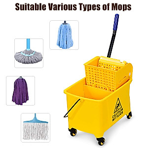 S AFSTAR 20L/21 Quart Commercial Mop Bucket with Wringer, Portable Mop Bucket with Wheels & Handle, Household Mop Wringer Bucket for Home Office Market Restaurant Hotel (Yellow)