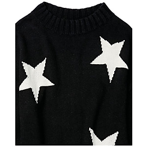 Cable Stitch Women's Intarsia Sweater – Star, Lightning Bolt, Heart Graphics Long Sleeve Crewneck Pullover Top (Black/White Star, Medium)