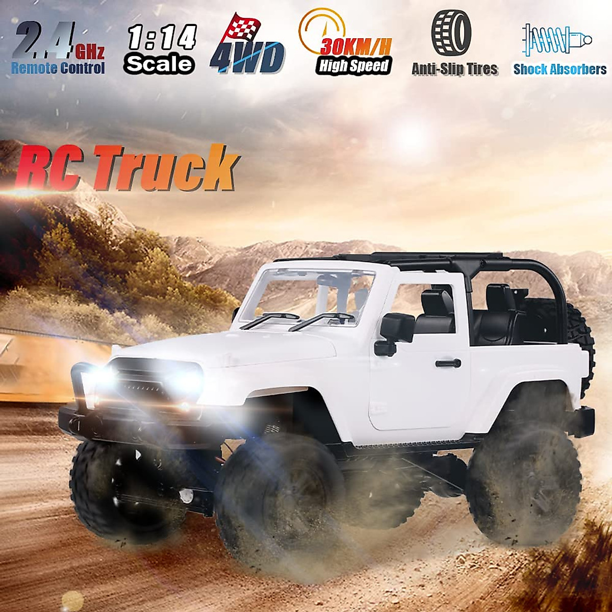 GoolRC F2 RC Car, 1/14 Scale 2.4GHz Remote Control Car, 4WD 30km/h High Speed Racing Car, All Terrains Off Road RC Monster Vehicle Truck Crawler with LED Light for Kids and Adults (White Convertible)