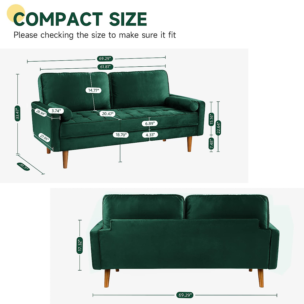 Green Couches for Living Room 69 inch, Mid Century Modern Velvet Love Seats Sofa, Upholstered 3-Seater w/Armrest for Bedroom, Apartment, Home Office