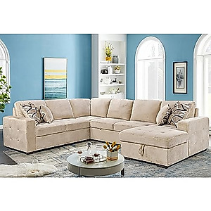 THSUPER Sectional Sleeper Sofa with Pull Out Bed and Storage Chaise, U Shape Sectional Sofa Bed, Oversized Sectional Sleeper Couch for Living Room Beige