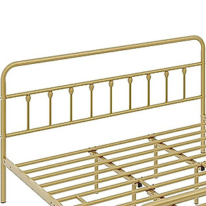 Topeakmart King Size Victorian Style Metal Bed Frame with Headboard/Mattress Foundation/No Box Spring Needed/Under Bed Storage/Strong Slat Support Antique Gold