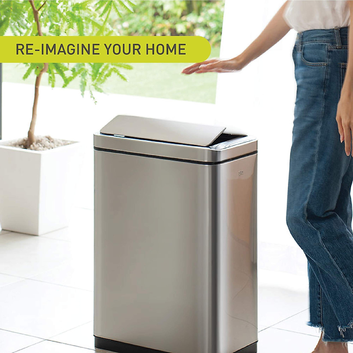 EKO Deluxe Phantom 45 Liter / 11.8 Gallon Touchless Motion Sensor Trash Can, 50 Liter Vertical, Brushed Stainless Steel Finish