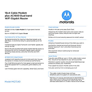 MOTOROLA MG7540 16x4 Cable Modem Plus AC1600 Dual Band Wi-Fi Gigabit Router with DFS, 686 Mbps Maximum DOCSIS 3.0 - Approved by Comcast Xfinity, Cox, Charter Spectrum, More